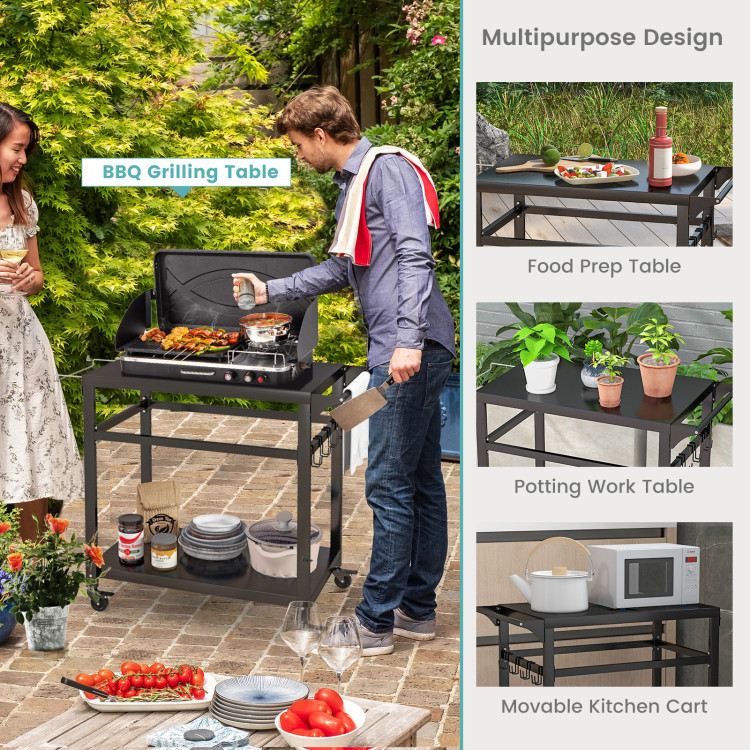 Double-Shelf Movable BBQ Cart with 4 Lockable Wheels - Costway